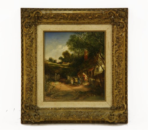 Lot 399 - FIGURES OUTSIDE A COTTAGE IN A VILLAGE with