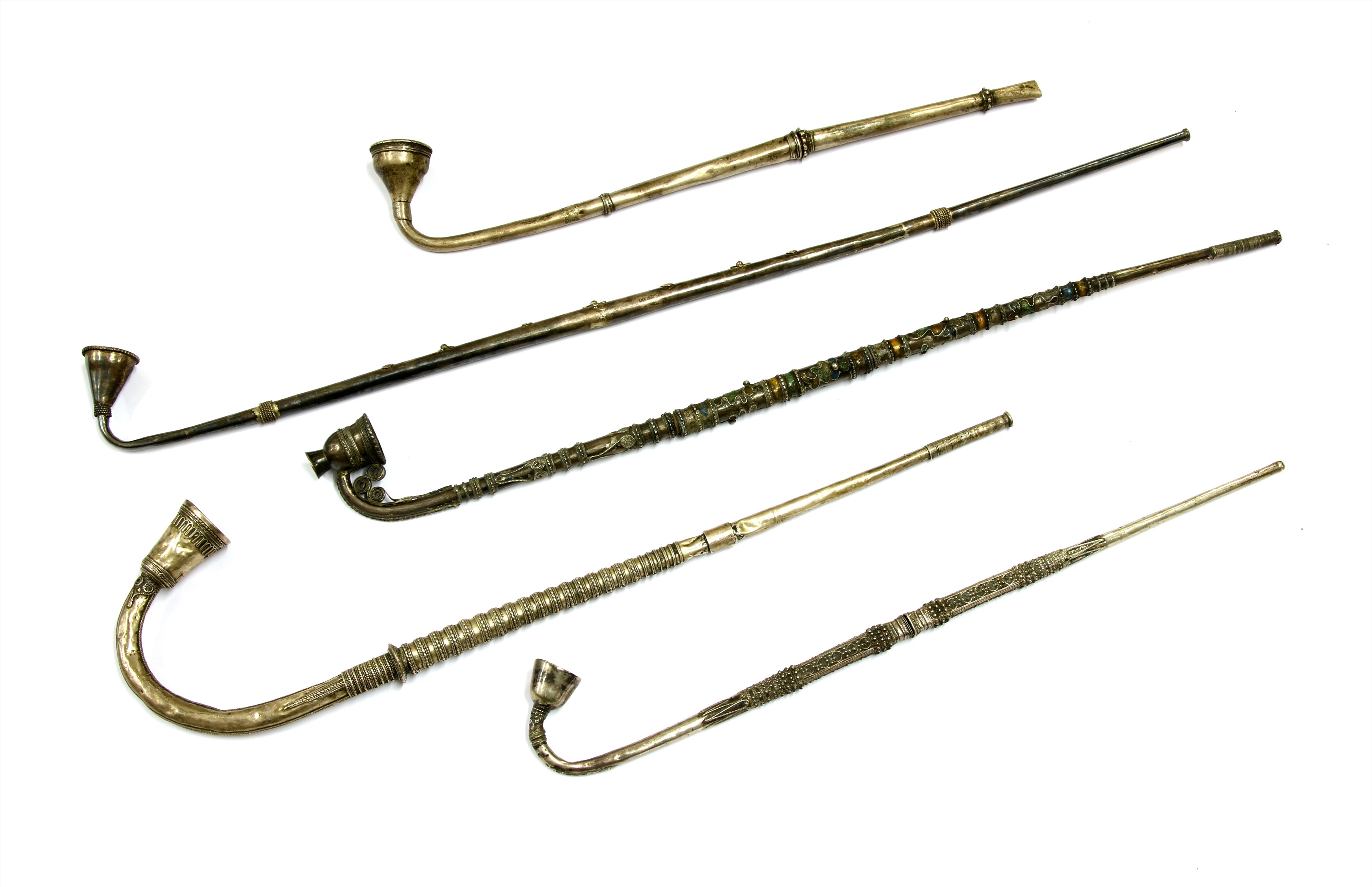 Lot 7 - Five Thai silver pipes,