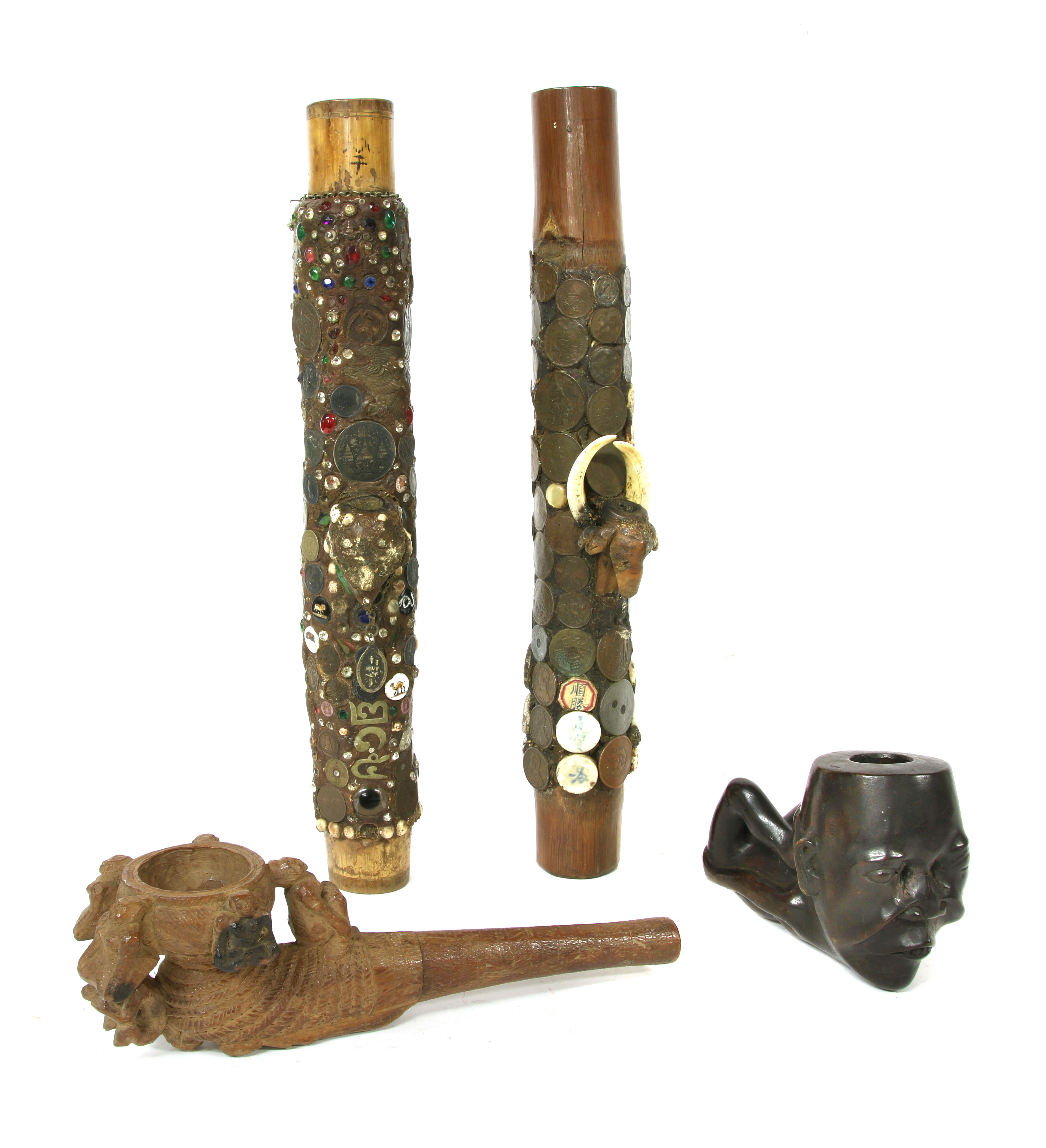 Lot 8 - Two Thai bamboo and coin-mounted pipes,