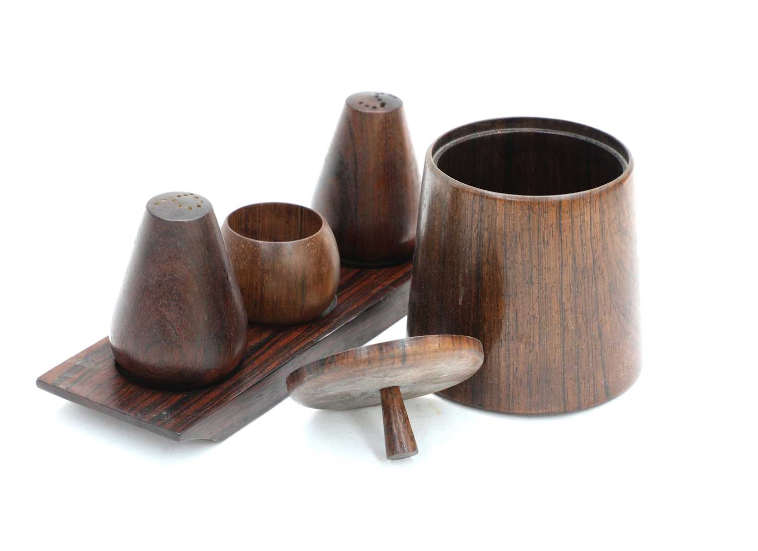 Lot 546 - A jacaranda wood condiment set,