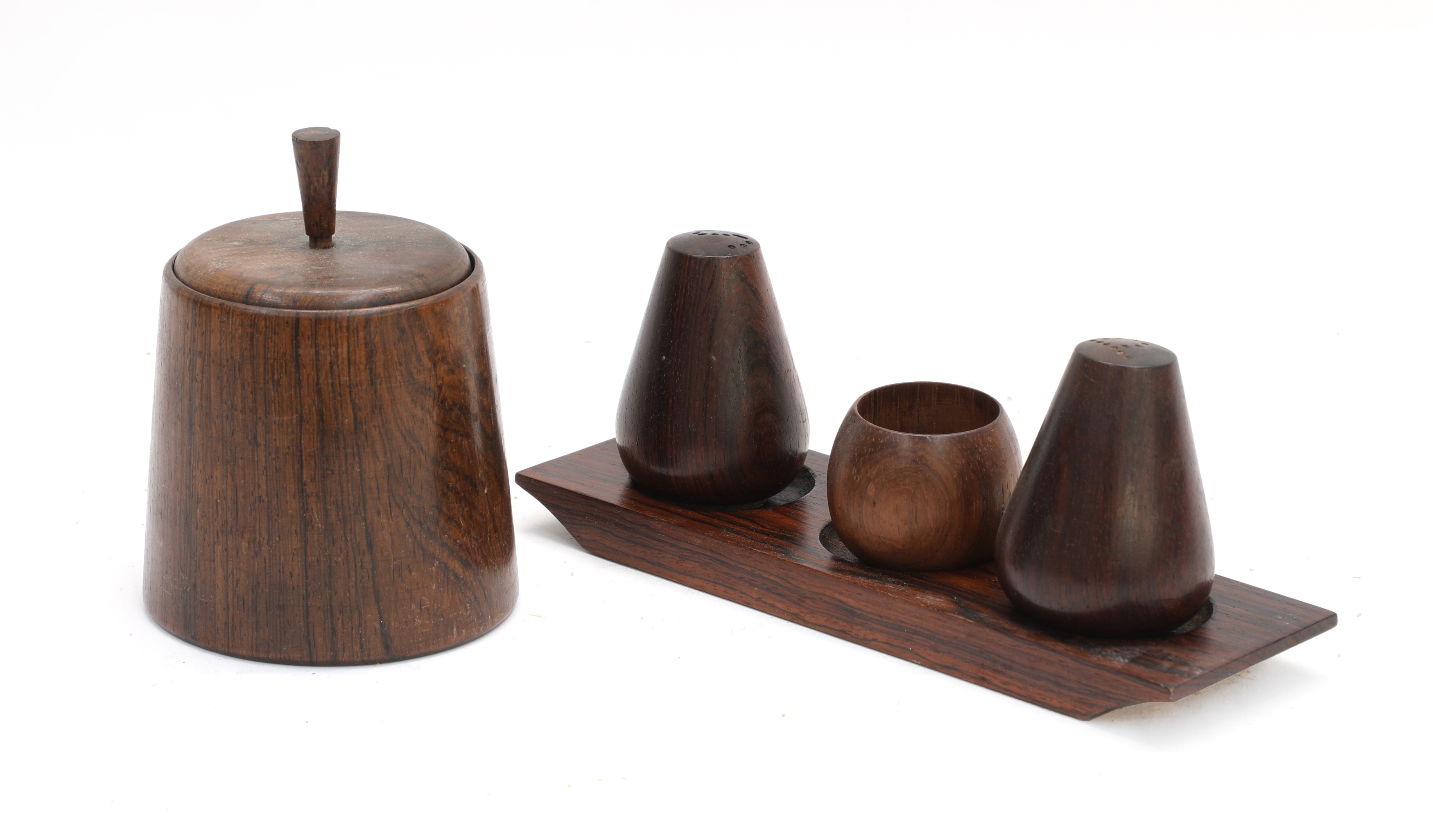 Lot 546 - A jacaranda wood condiment set,