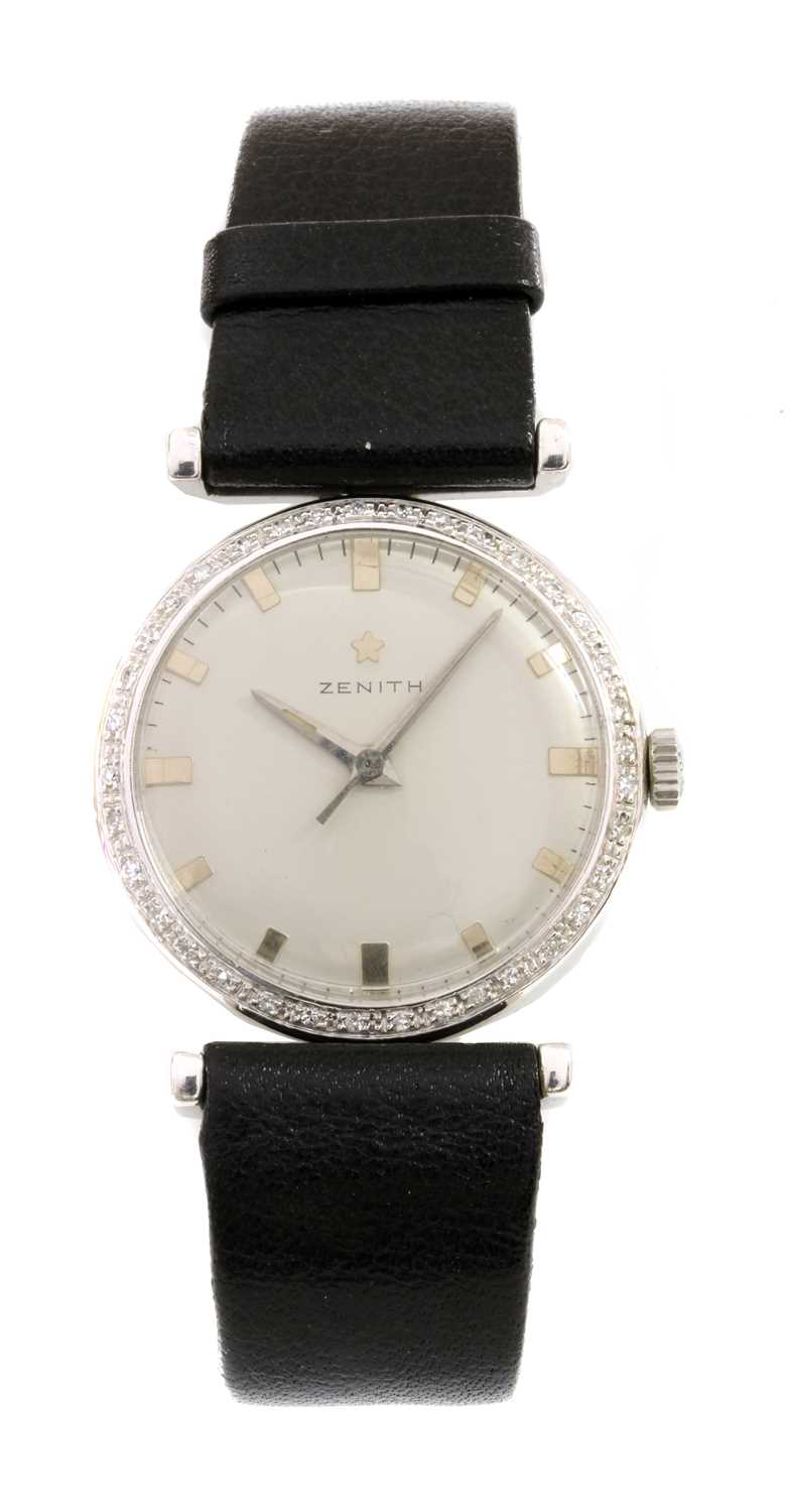 An 18ct white gold Zenith mechanical strap watch | Barnebys