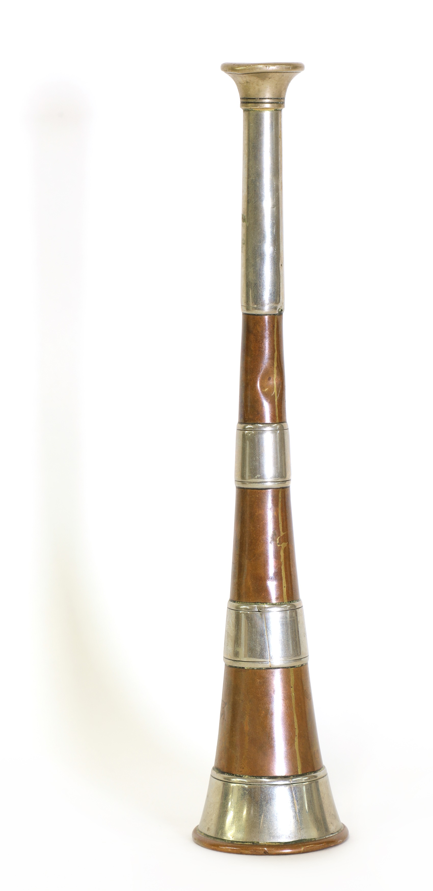 Lot 82 - A nickel-banded copper hunting horn,