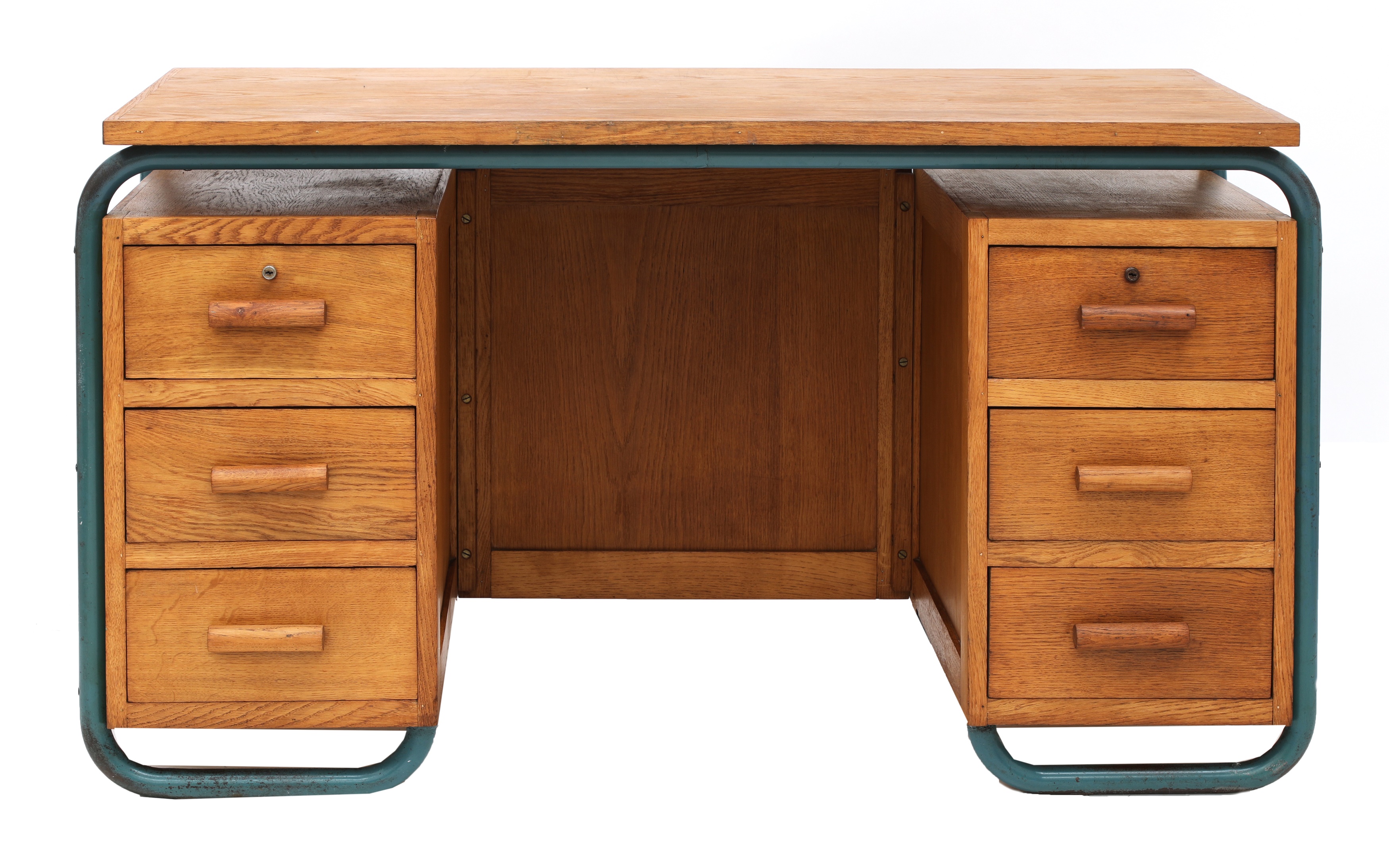 Lot 324 - An oak and tubular-framed desk,