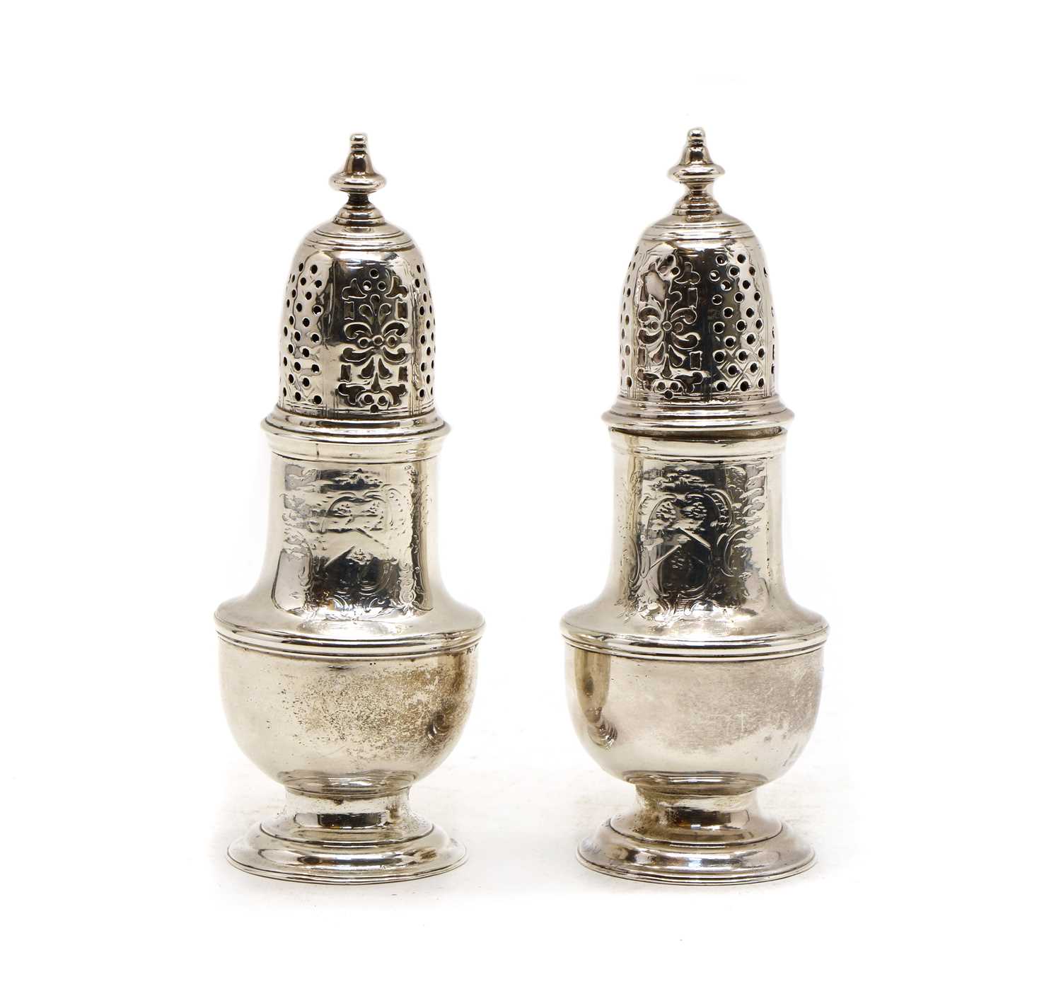 Lot 8 - A pair of George II silver pepper pots,