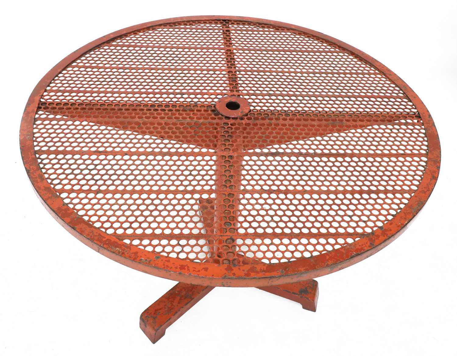 Lot 671 - A red painted and perforated metal garden