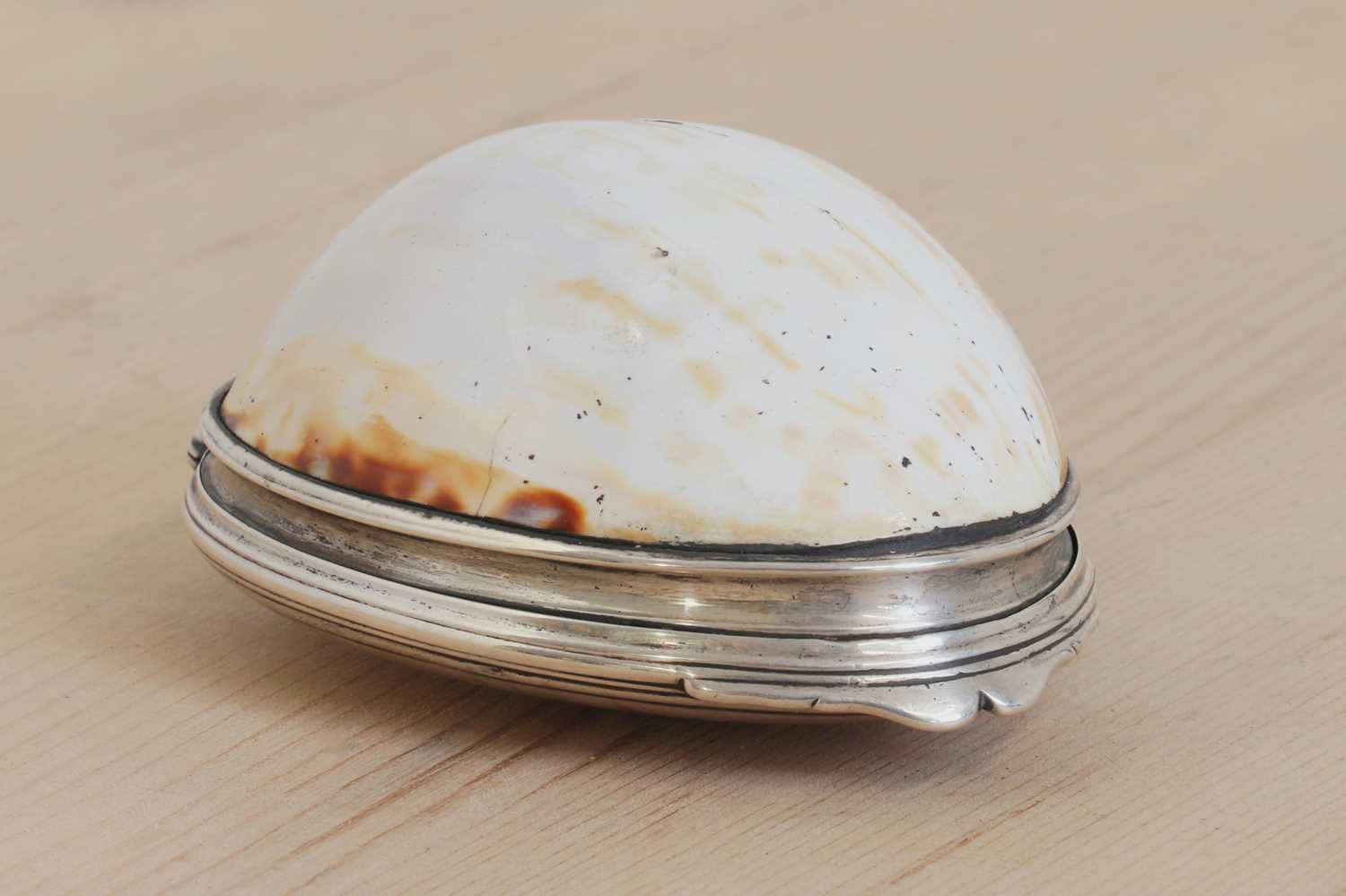 A silver and parcel-gilt mounted cowrie shell snuff box | Barnebys