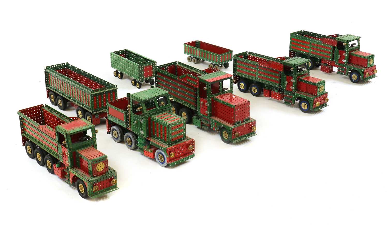 Lot 332 - A group of five scratch-built Meccano trucks