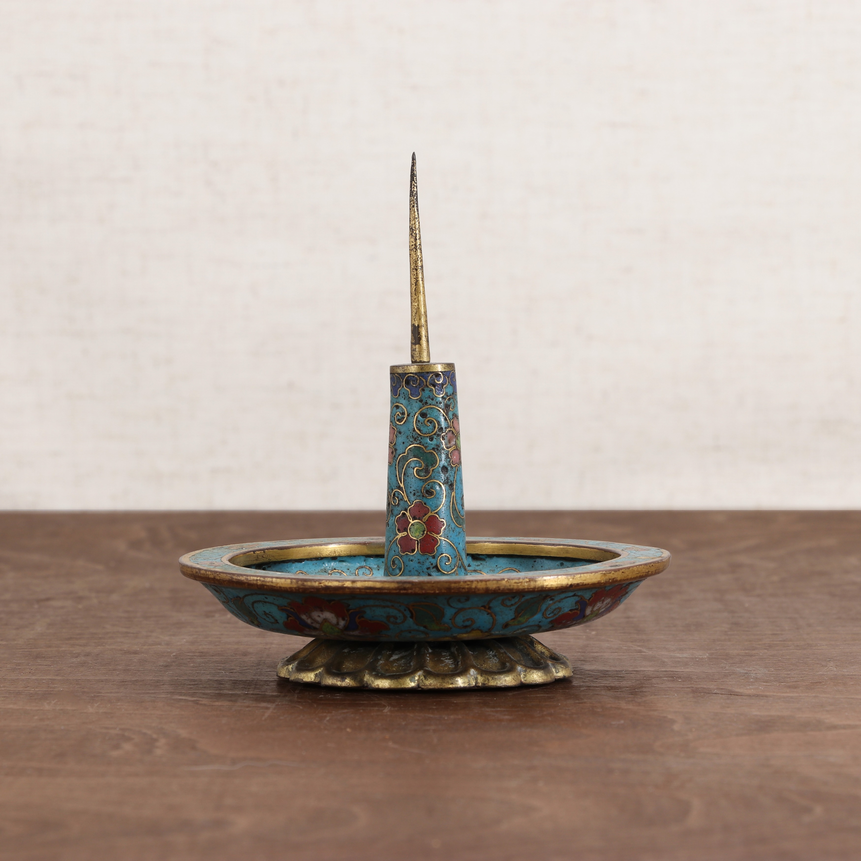 Lot 218 - A Chinese cloisonné candlestick,