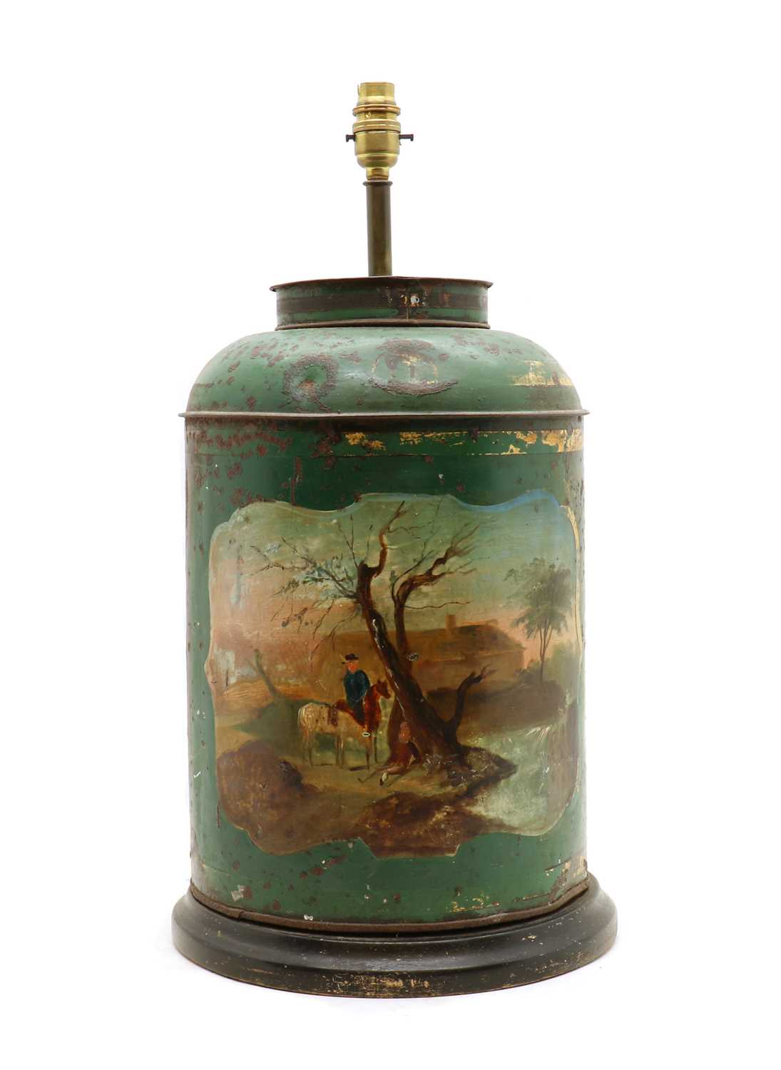 Lot 171 - A toleware tea canister lamp,