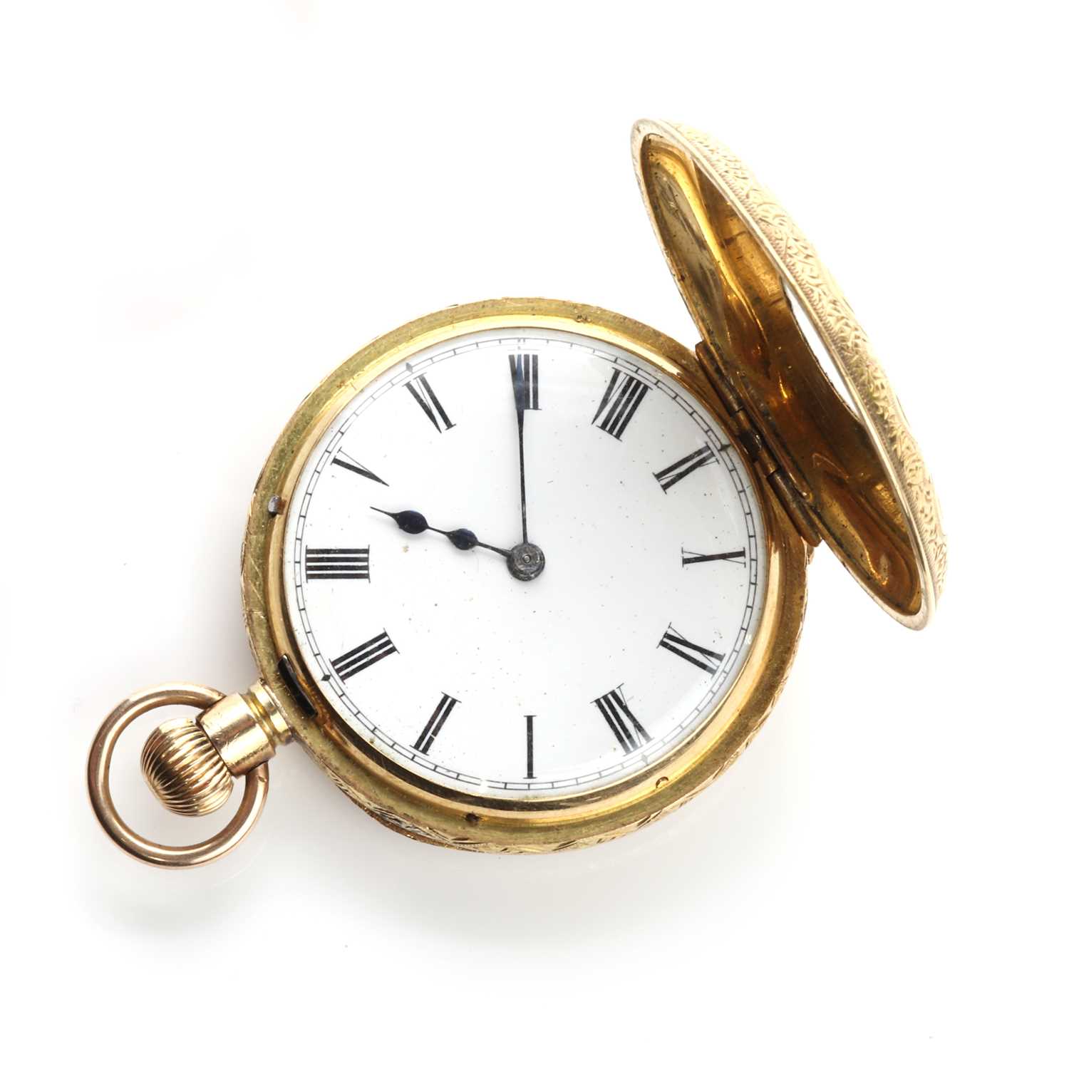 Lot 502 - An 18ct gold side wind half hunter fob watch,