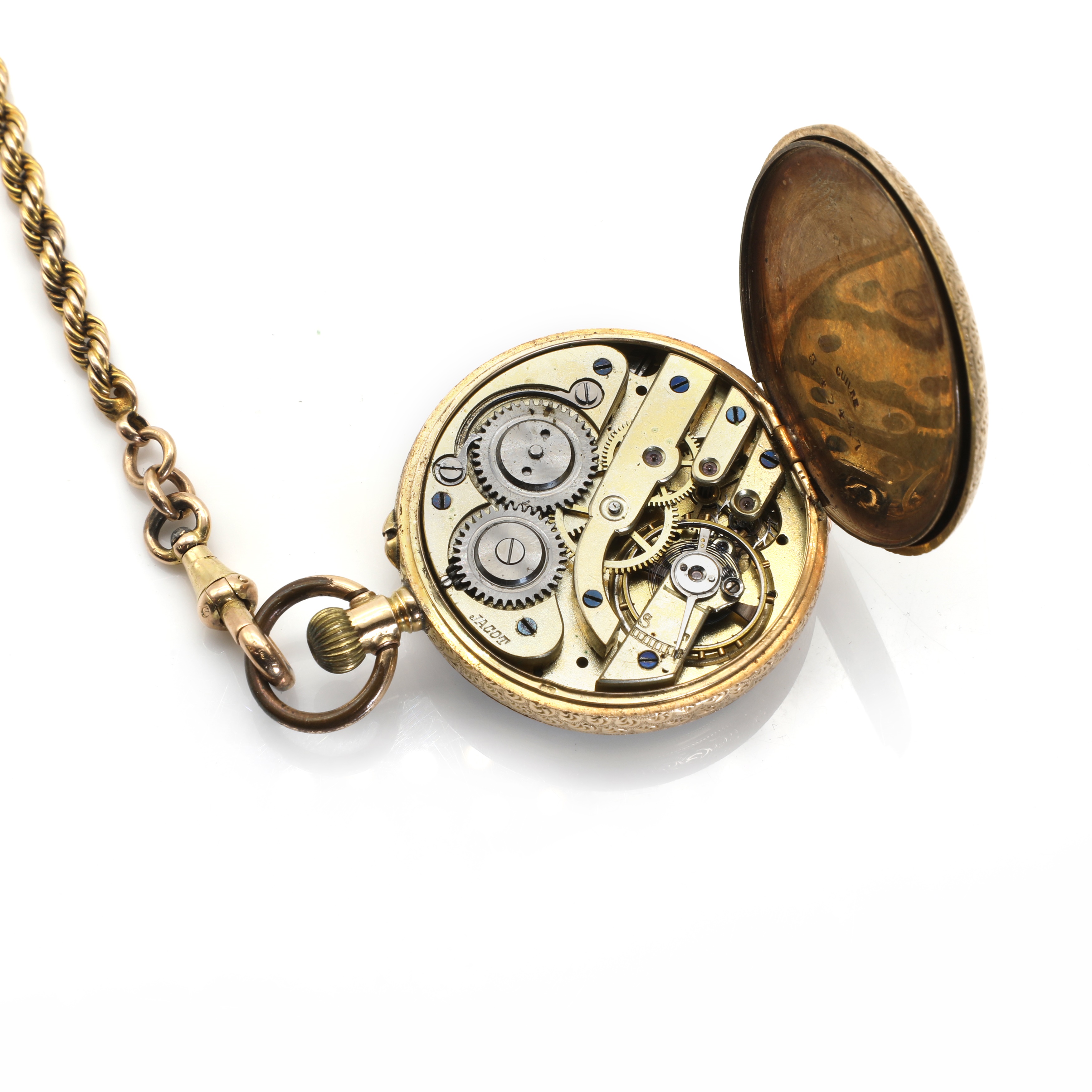 Lot 406 - A gold pocket watch and chain,