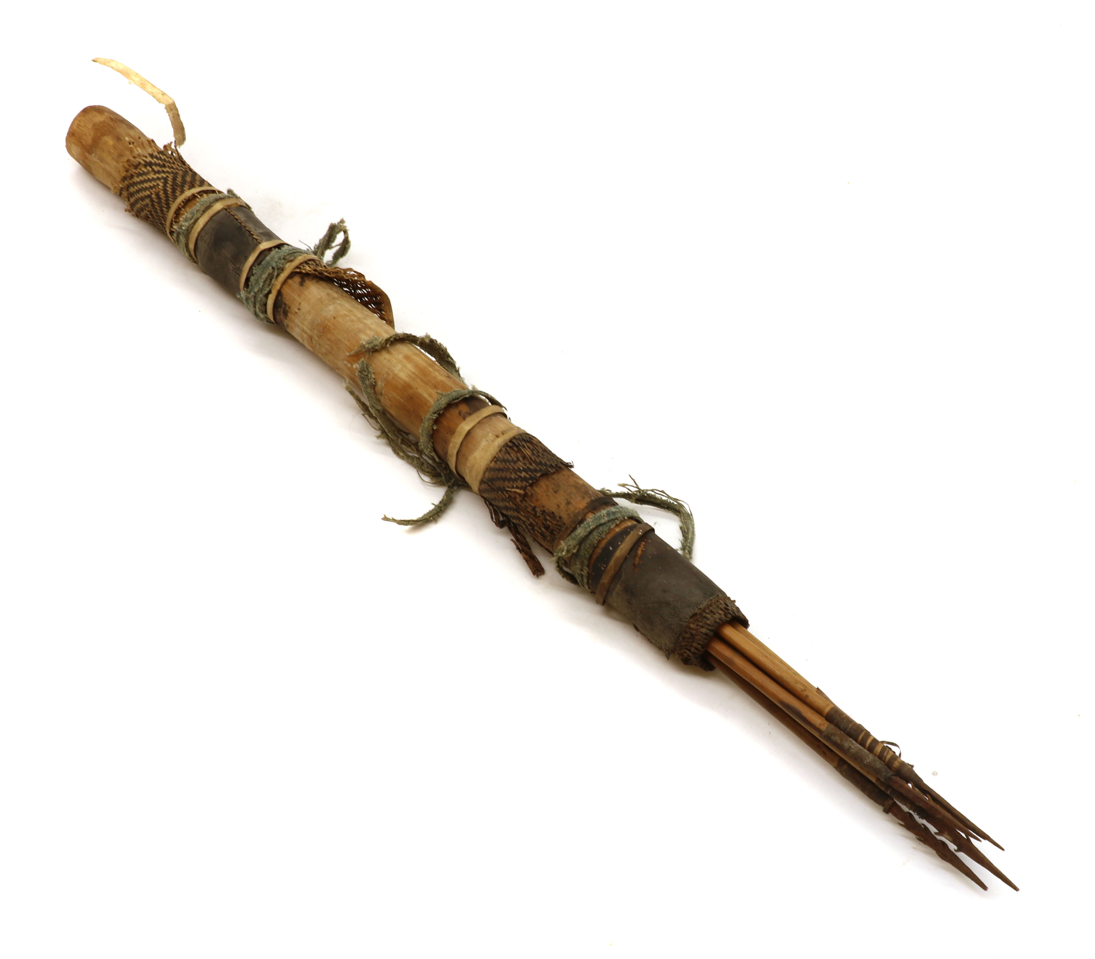 Lot 104 - A cane and leather bound quiver with arrows,