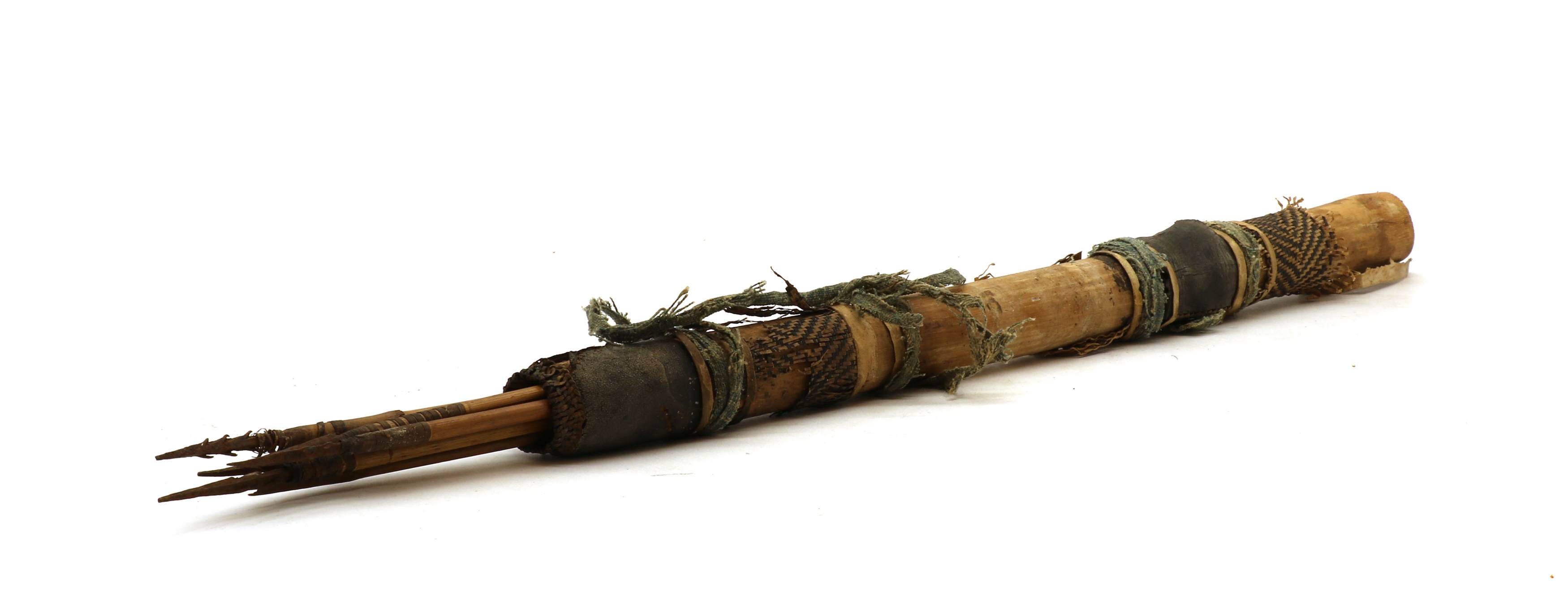 Lot 104 - A cane and leather bound quiver with arrows,
