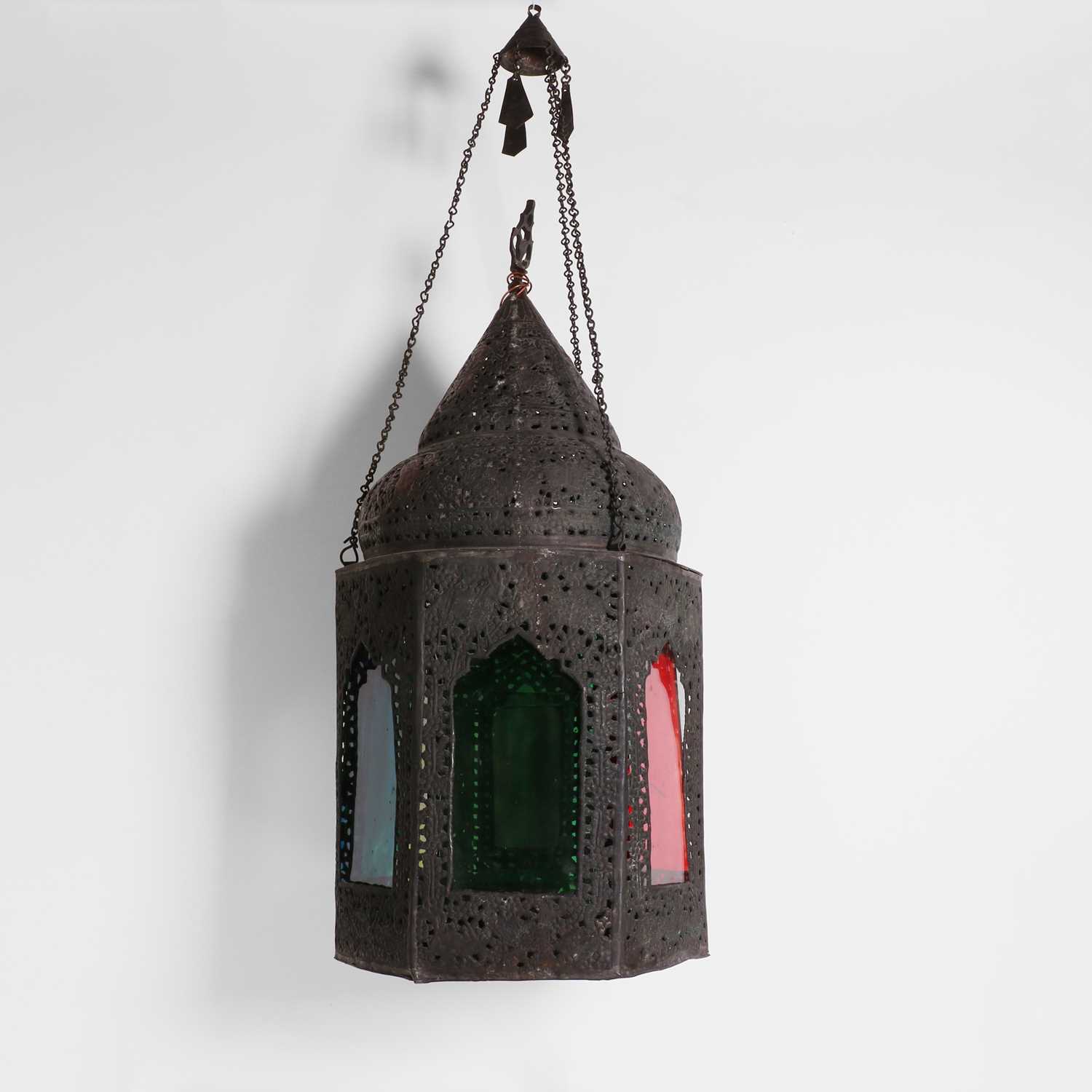 Lot 160 - A pierced-brass hexagonal ceiling lantern,