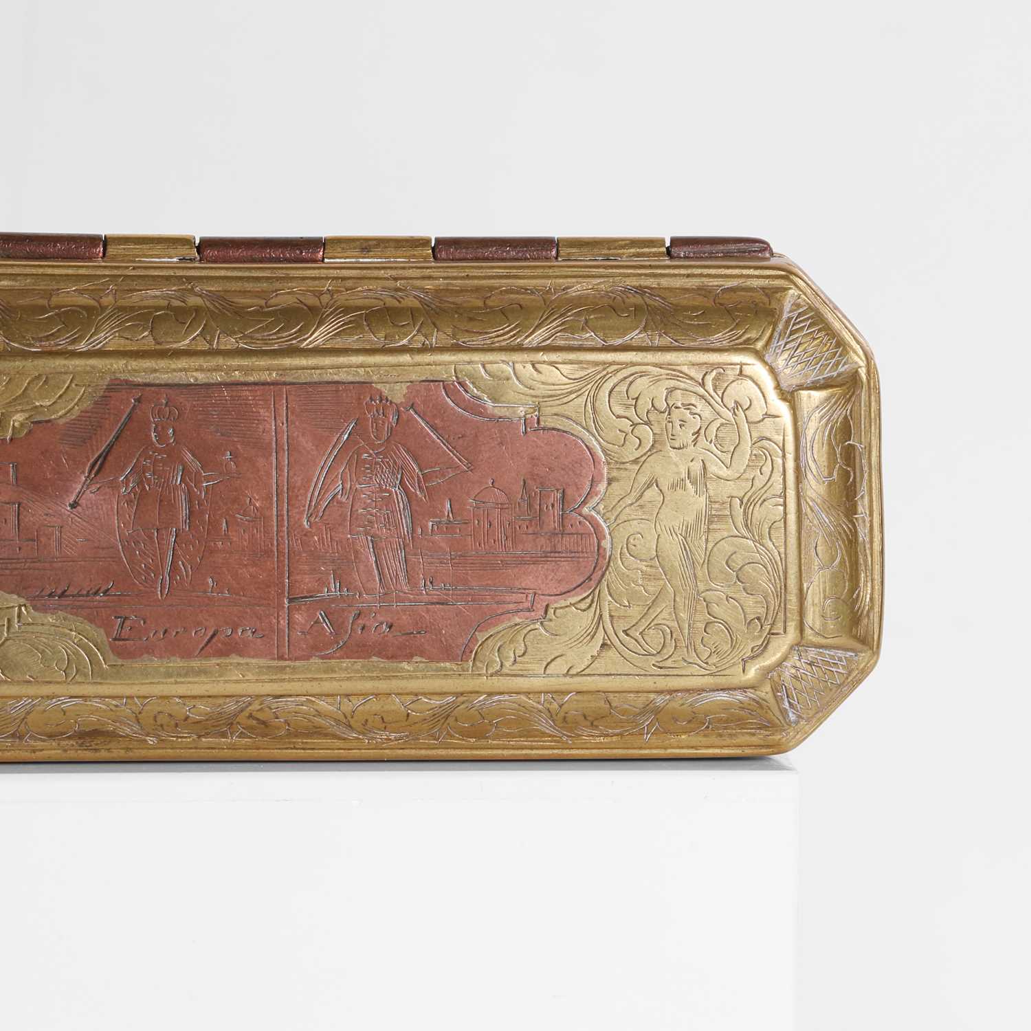 Lot 62 - A brass and copper tobacco box,
