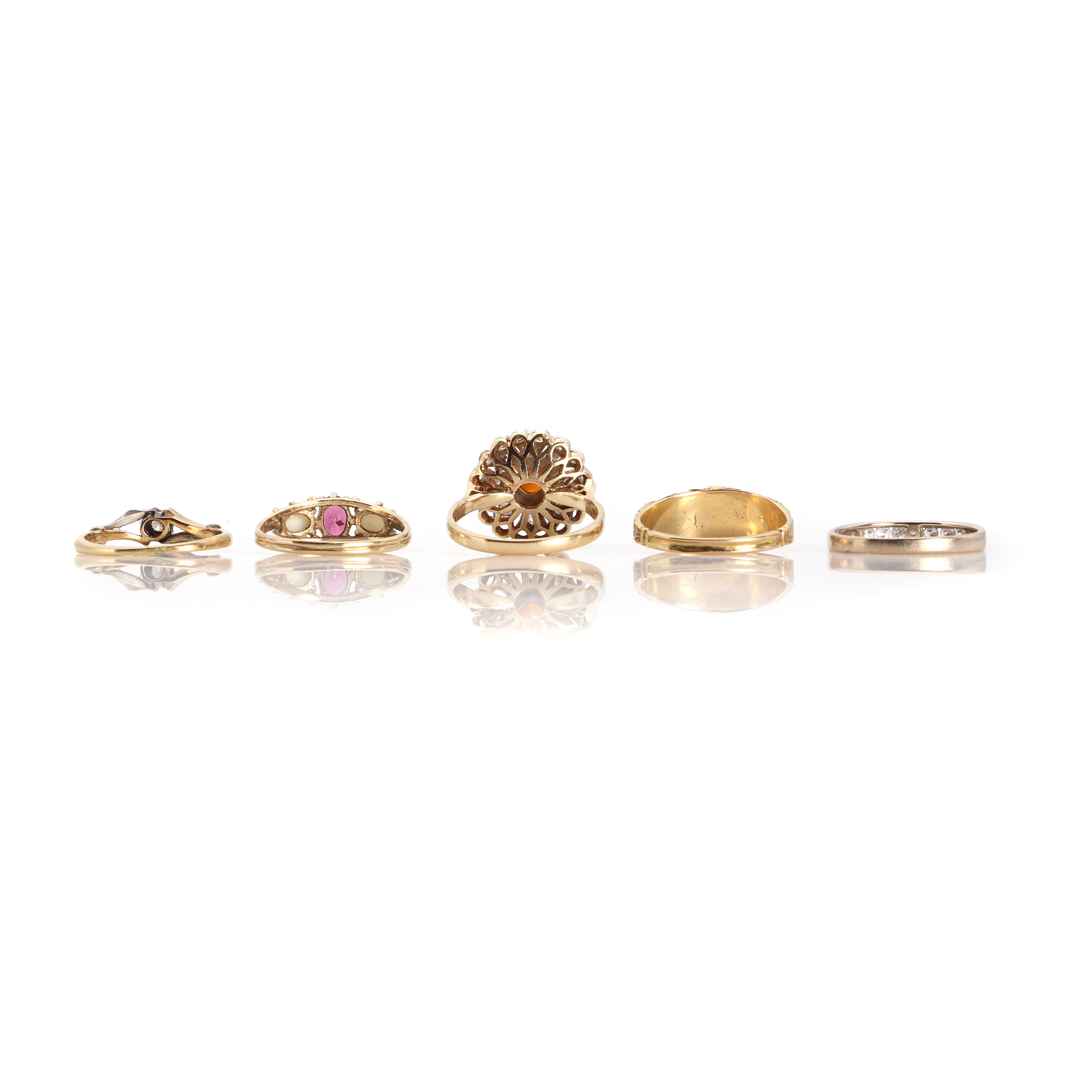 Lot 1296 - Five gold rings with diamonds or coloured