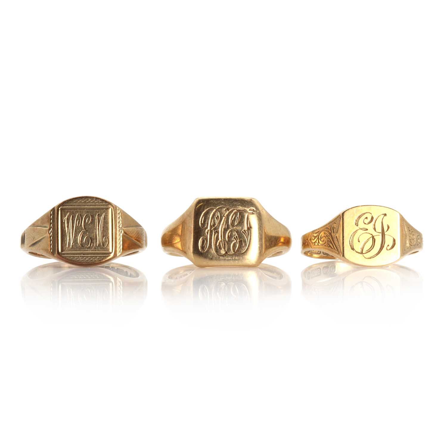 Lot 1275 - Three 9ct gold monogrammed signet rings,