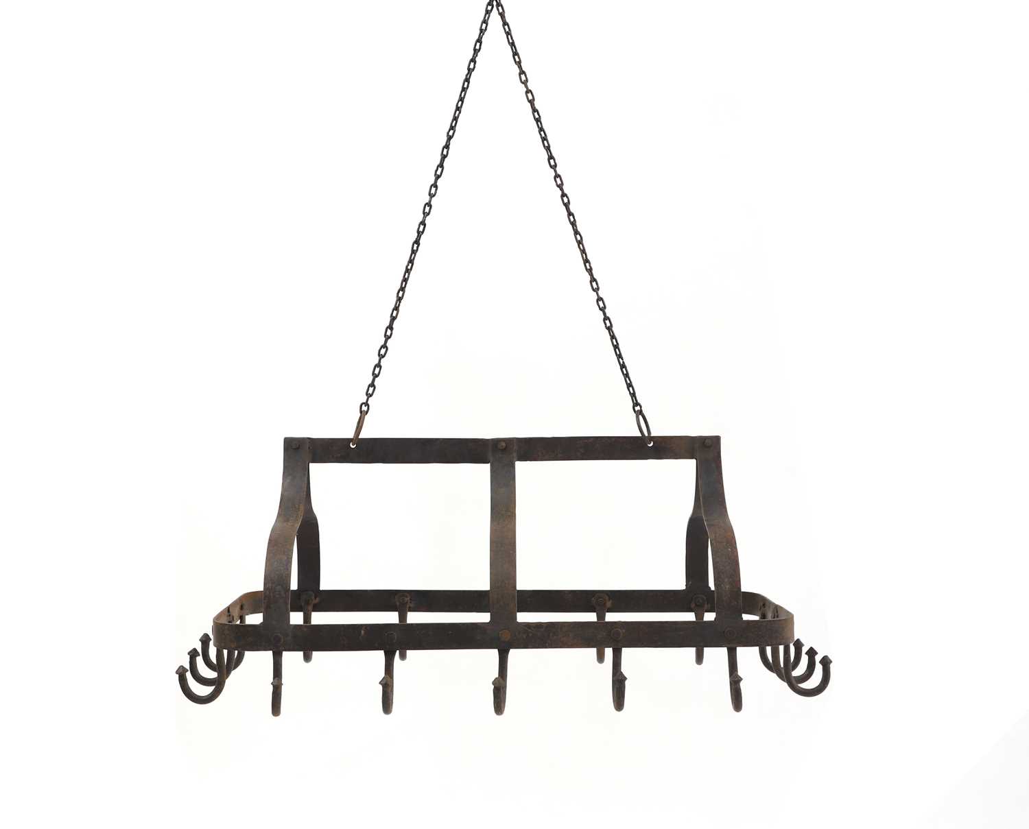 Lot 520 - A country kitchen wrought iron pot rack,