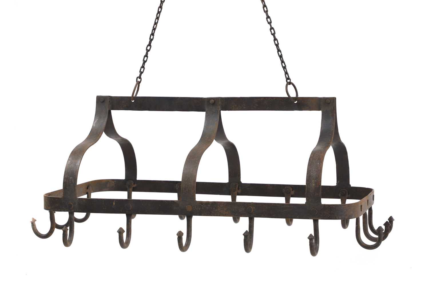 Lot 520 - A country kitchen wrought iron pot rack,