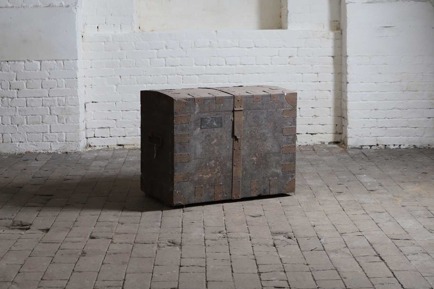 Lot 266 - An oak and metal-bound silver trunk,