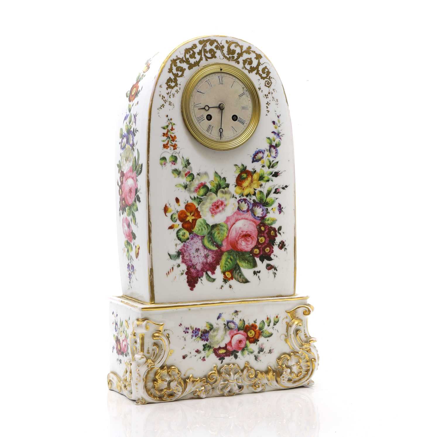 Lot 407 - A French porcelain cased mantel clock,