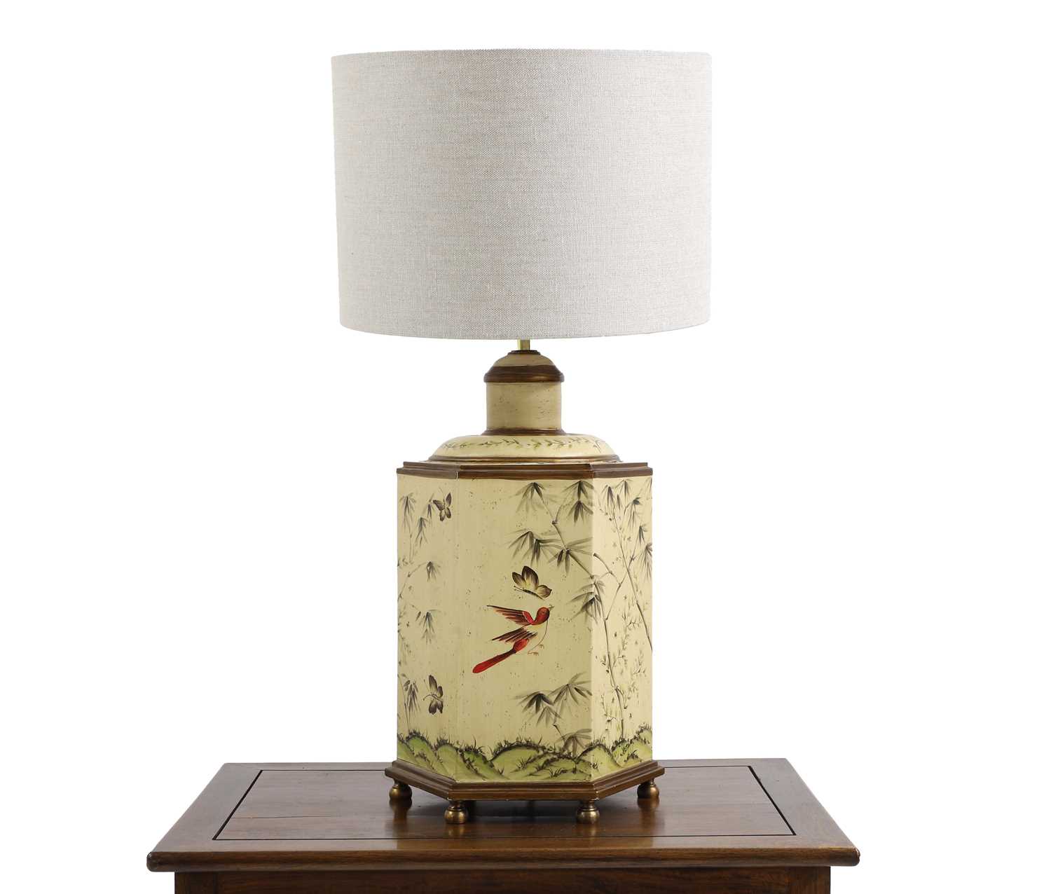 Lot 369 - A painted toleware hexagonal table lamp,