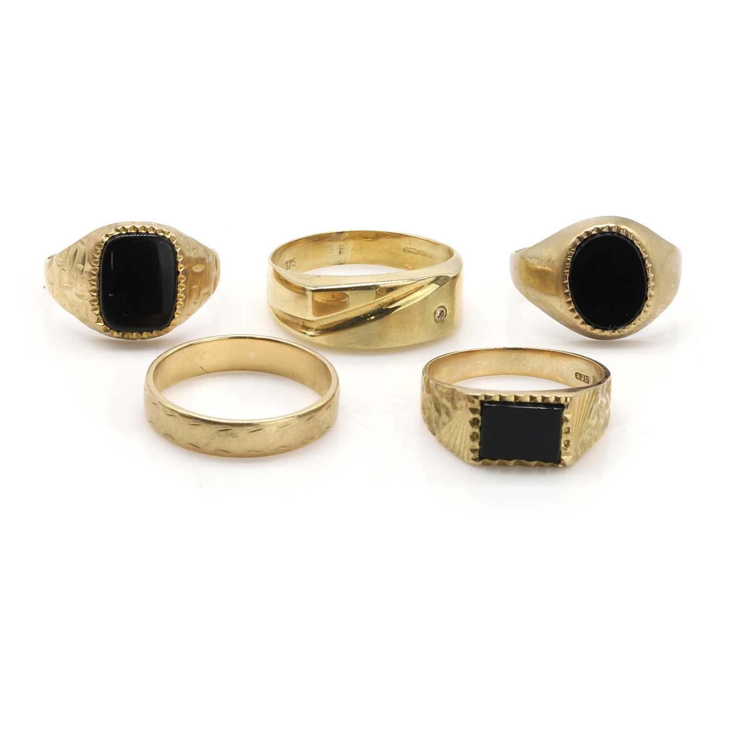 Lot 367 - A group of five 9ct gold rings,